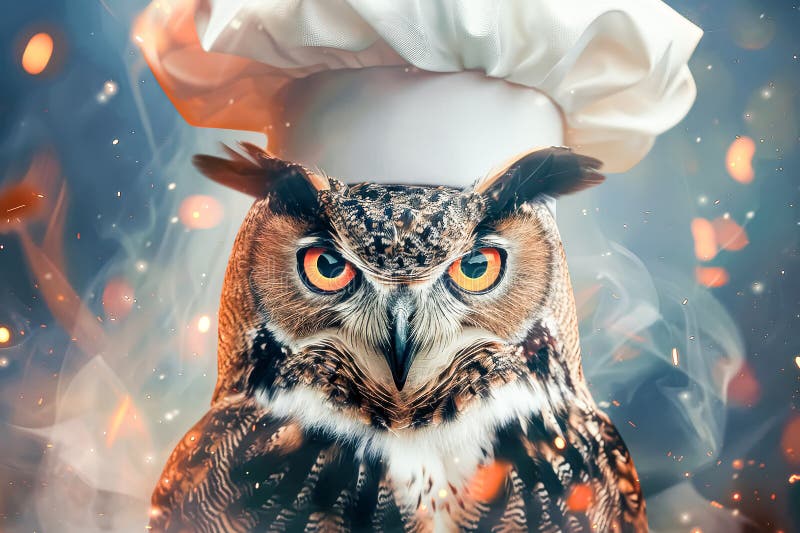 Chef hat on an owl s head stock image. Image of bubo - 372583471