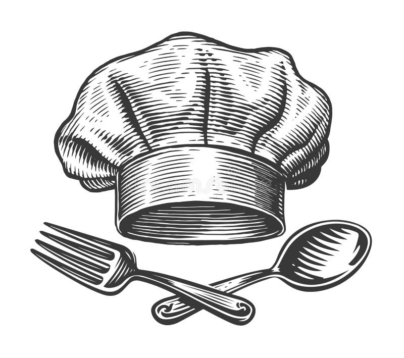 Chef Hat with Spoon and Fork. Design for Restaurant or Diner Menu. Hand ...