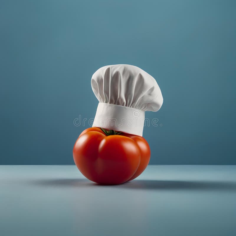 Chef Hat on Tomato on Pastel Blue Background Stock Illustration ...