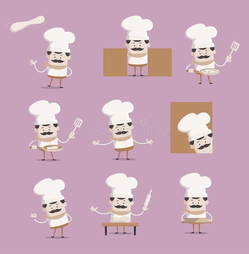 Cartoon Chef Various Cute Poses Flat Vector Illustration Design Stock ...
