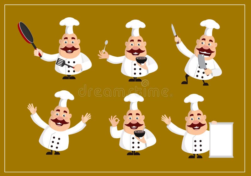 Fat Cartoon Chef Many Poses Flat Vector Illustration Design Stock ...