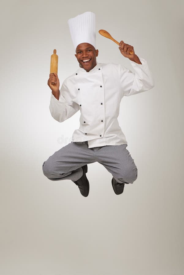 This Chef is a High Roller. a African-American Chef Jumping in the Air ...