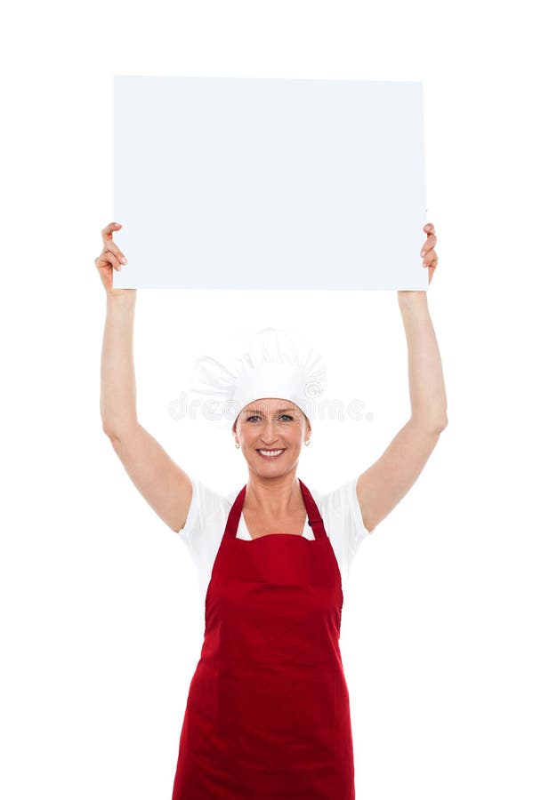 Chef Holding Advertising Board Over Her Head Stock Photo - Image of ...