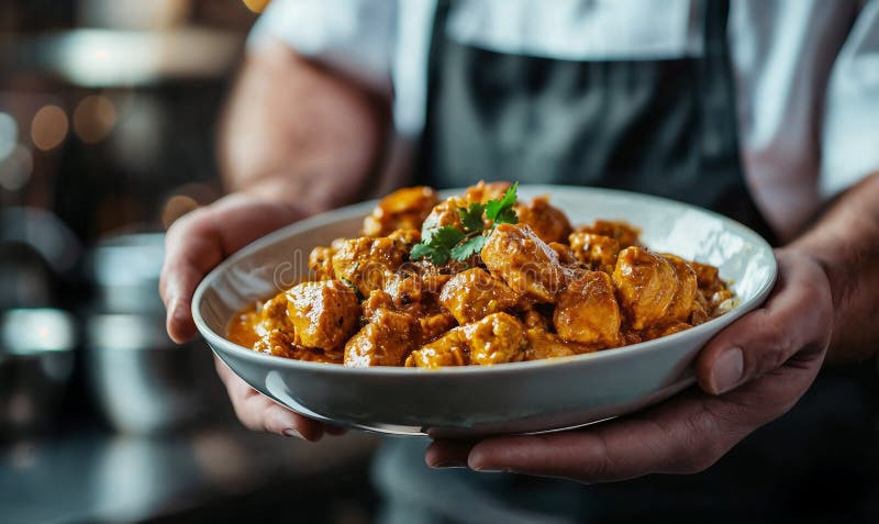 Chef Holding a Bowl with Chicken Curry, Restaurant Background with Copy ...