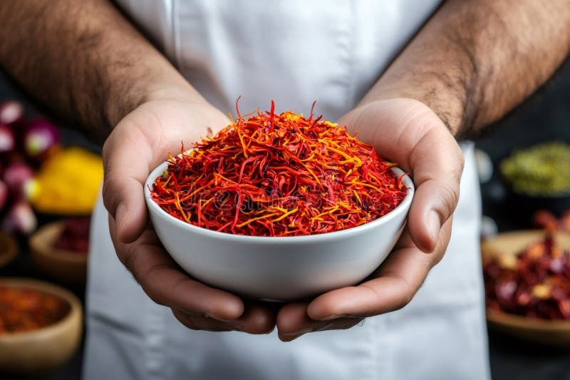 Chef Holding Bowl of Saffron with Various Spices in Background Stock ...