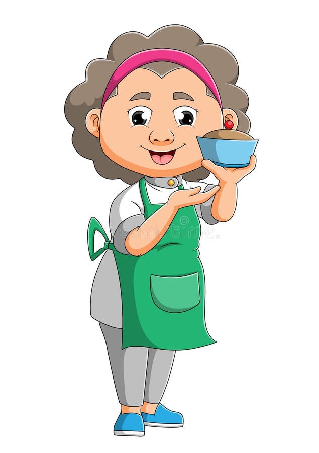 The Chef Is Holding A Cupcakes With The Cherry Stock Vector