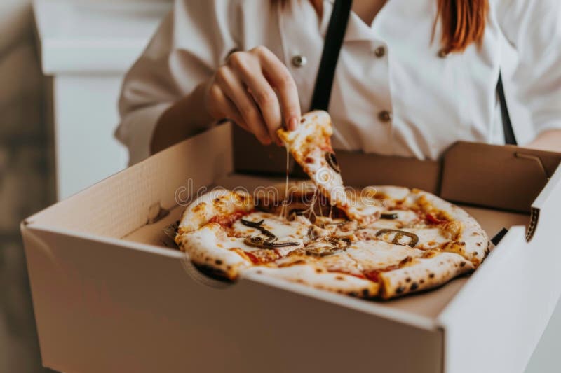 Chef Holding Delicious Pizza Slice with Melted Cheese in Open Pizza Box ...