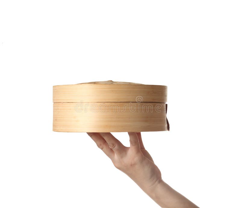 Chef Holding Empty Chinese Bamboo Dumpling Basket on White Background ...
