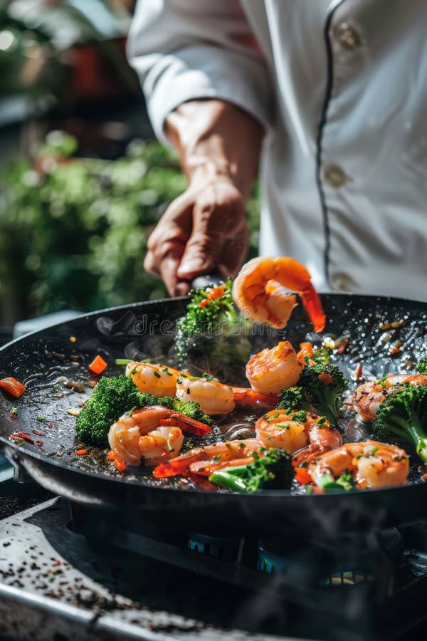 A Chef is Holding a Frying Pan with Broccoli and Shrimp Rolling on the ...