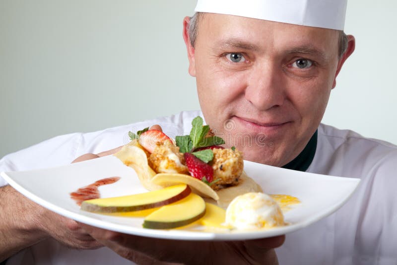 Chef Holding Plate Cheese Fruit Dessert Stock Image - Image of food ...
