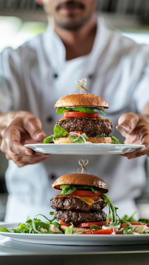 Chef Holding a Plate with a Double-Decker Gourmet Burger Garnished with ...