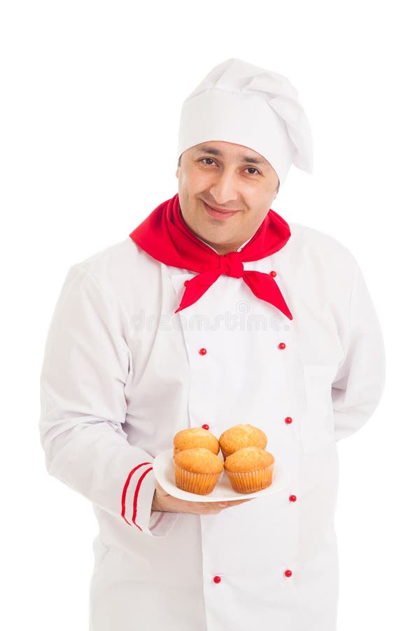 Chef Holding Plate with 4 Muffins Wearing Red and White Uniform Stock ...