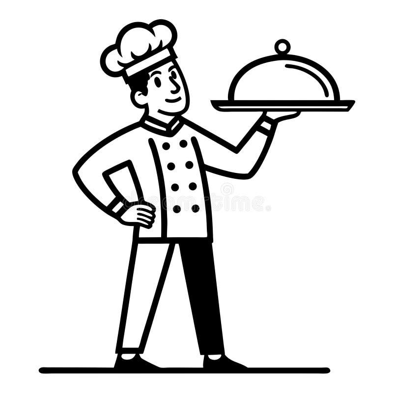 Chef Holding Platter Cartoon Style Cook Culinary Artwork for Menu ...