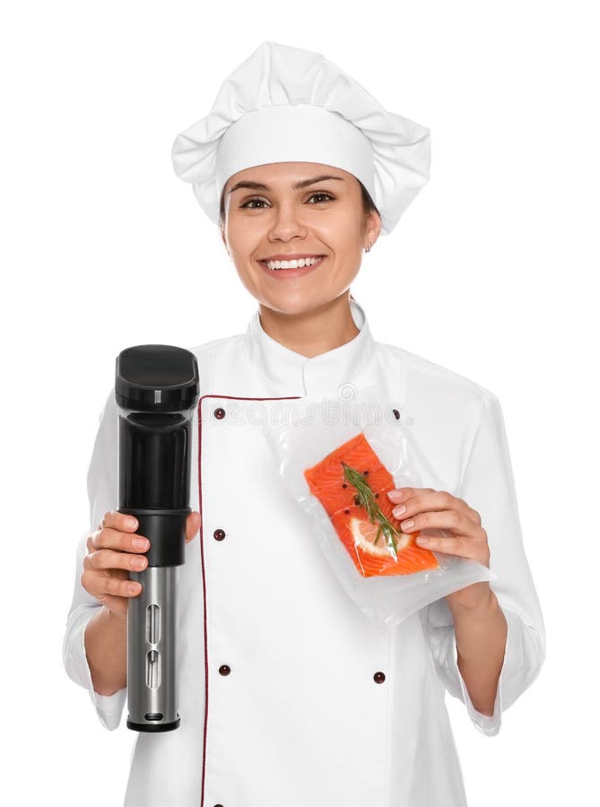 Chef Holding Sous Vide Cooker and Salmon in Vacuum Pack on White ...
