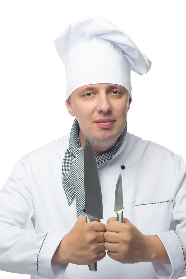 Chef Holding Two Knives in His Hands in Front of Him Stock Image ...