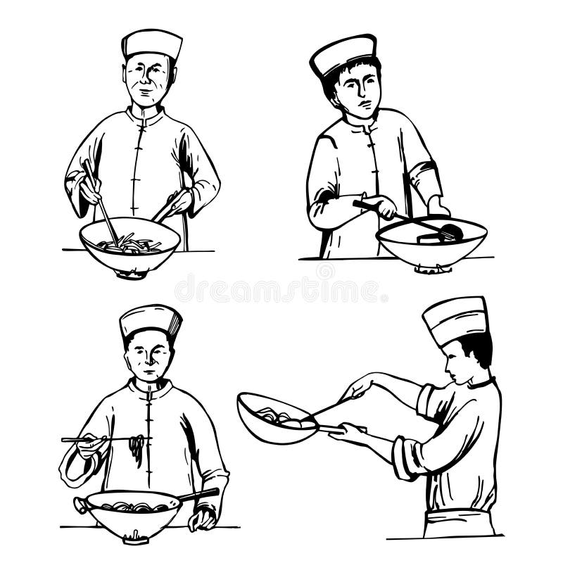 Chef Holding Wok Pan. Sketch Illustration Stock Vector - Illustration ...