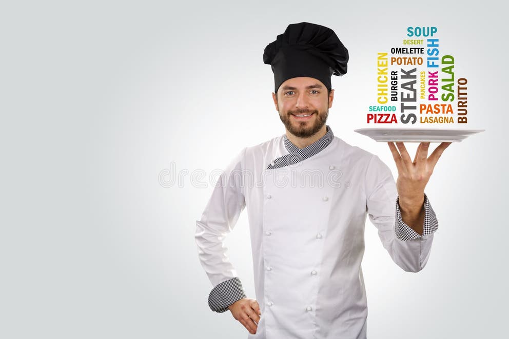 Chef Holds a Plate with Different Food Names Stock Photo - Image of ...