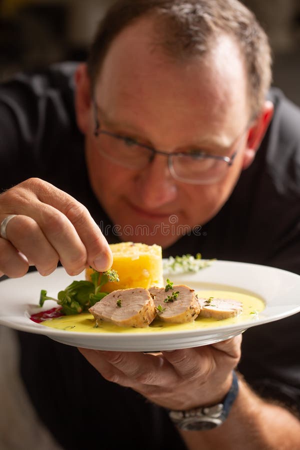 Chef in Hotel or Restaurant Kitchen Cooking, only Hands. Prepared Beef ...