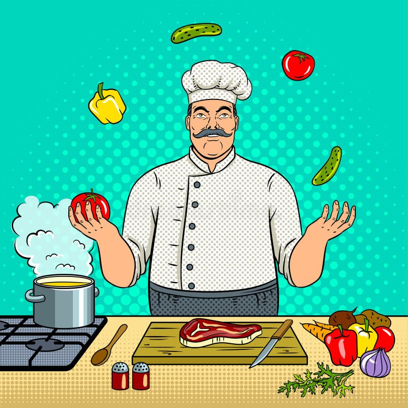 Chef Juggles with Vegetables Pop Art Vector Stock Vector - Illustration ...