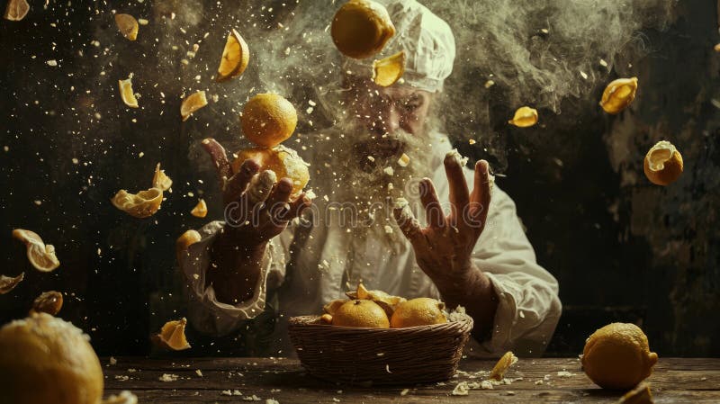 Chef Juggling Lemons Amidst a Dynamic Explosion of Zest Stock Image ...