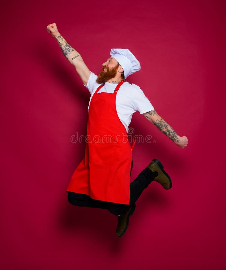 Man Chef Jumps and Acts Like a Super Hero Stock Image - Image of recipe ...