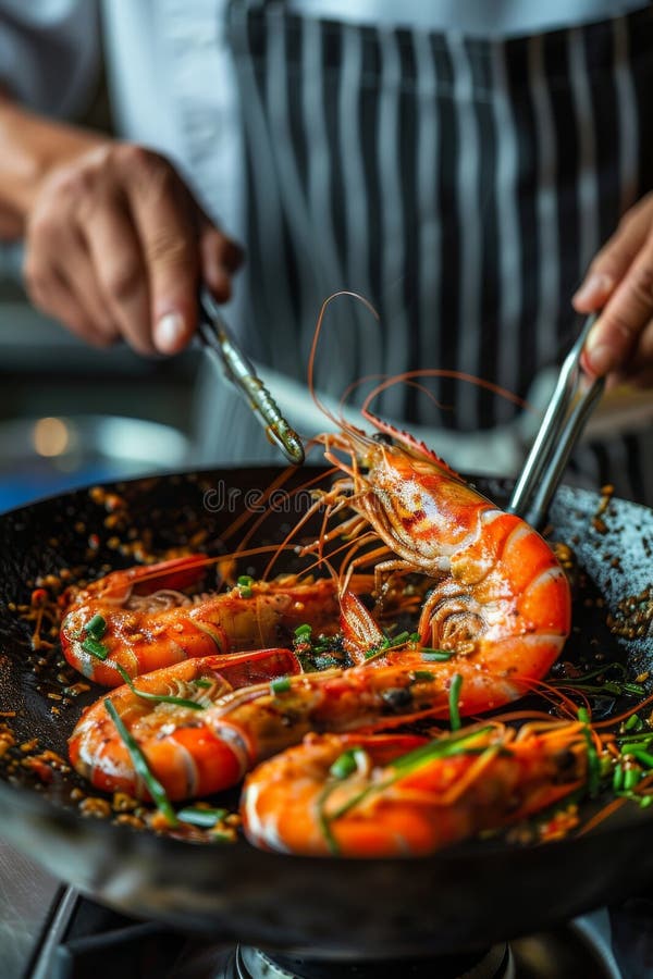 Chef in Kitchen Cooking Shrimp in a Wok on High Heat, Creating Sizzling ...