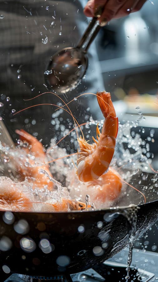 A Chef in a Kitchen Cooking Shrimp in a Wok on a Stovetop Stock Image ...