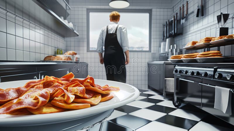 Chef in the Kitchen of Restaurant, Plate Overloaded with Bacon Full ...