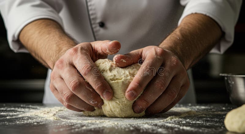Chef Kneading Dough: Close Up of Hands Shaping Bread Dough on Dark ...
