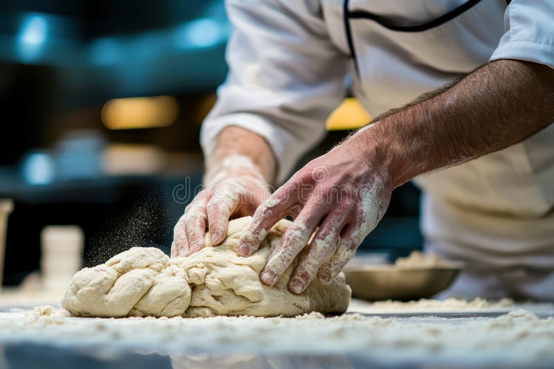 A Chef Kneads Dough on a Floured Surface in a Professional Kitchen ...