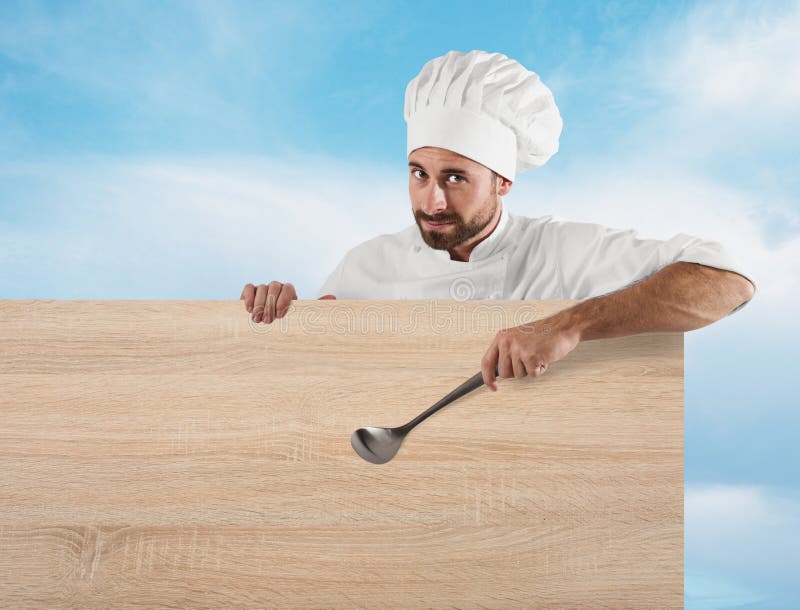 Chef with ladle and board stock image. Image of advert - 95167973