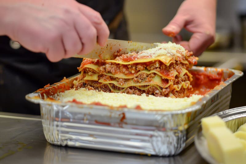 Chef Layering Lasagna in a Deep Baking Dish, Cheese Visible Stock ...