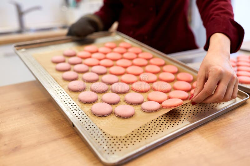 Chef with Macarons on Oven Tray at Confectionery Stock Image - Image of ...