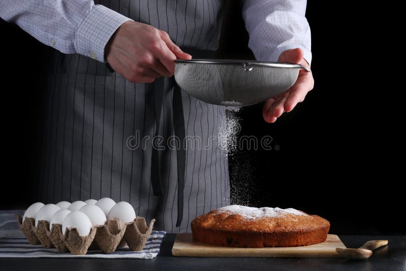 Chef Make Cake. Pie Making. Recipe Concept On Dark Background Stock ...