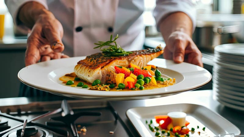 The Chef Makes a Presentation of the Dish To Be Served. Selective Focus ...
