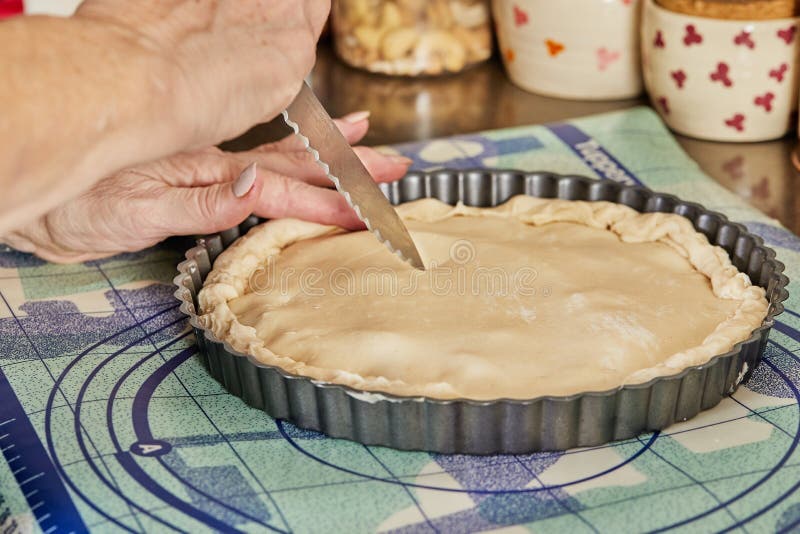 Chef Makes Stripes on the Pie Dough with Knife before Baking in the ...