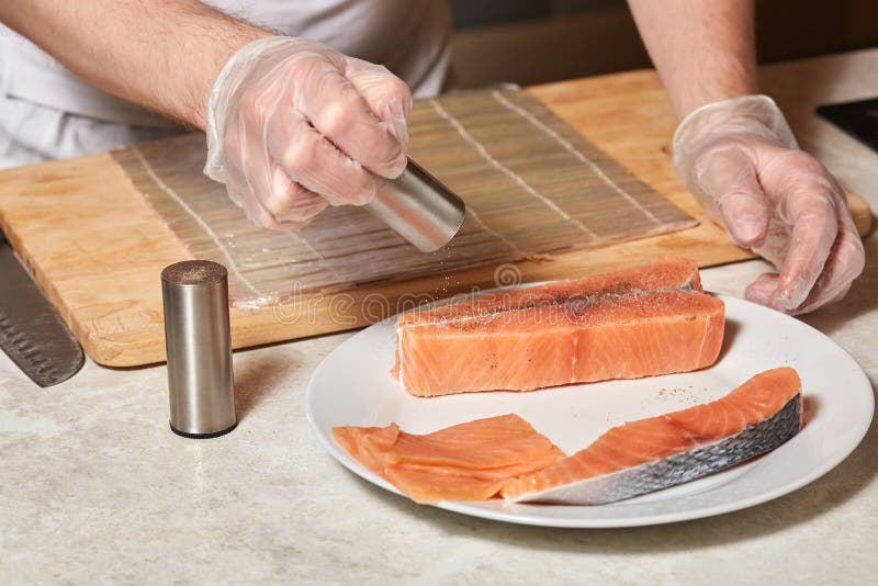 Chef Making Fish. Peppering Salmon Steak Stock Image - Image of fresh ...