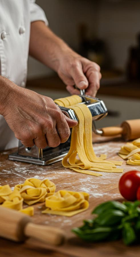 Chef Making Fresh Pasta with a Hand-Crank Machine Stock Illustration - Illustration of ...