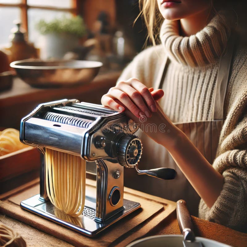 Chef Making Fresh Pasta with Machine in Cozy, Rustic Kitchen Stock ...