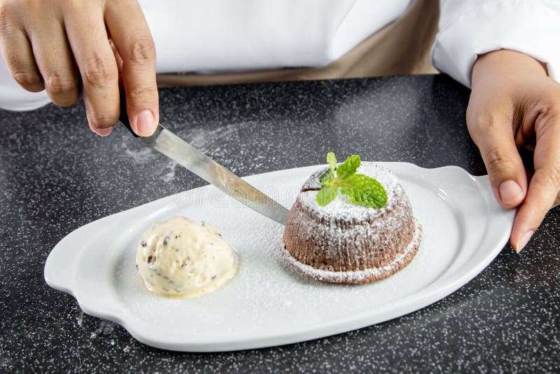 Chef Making Lava Chocolate Cake Stock Photo - Image of whisk, beat ...