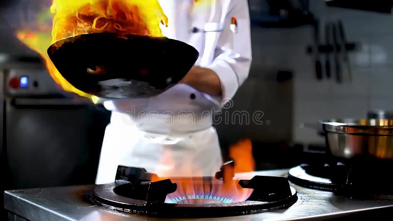 Chef Making Noodles on Fire Flame Stock Video - Video of making ...