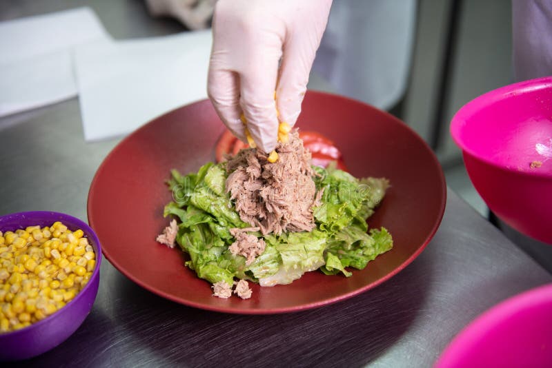 Chef Making Salad with Fish and Decorating Meal Stock Image - Image of ...