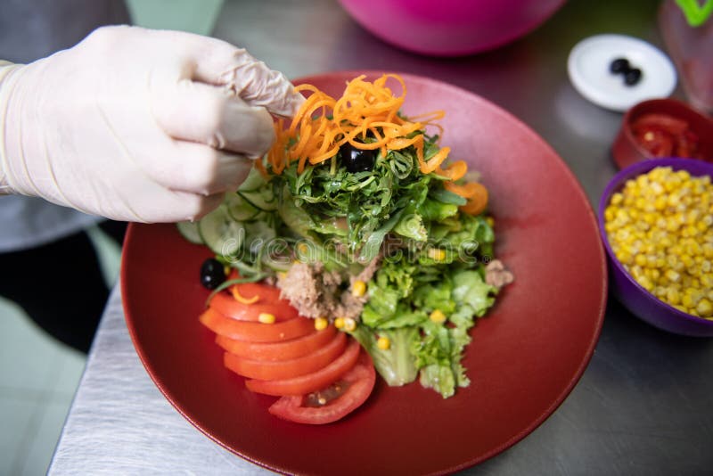 Chef Making Salad with Fish and Decorating Meal Stock Photo - Image of ...