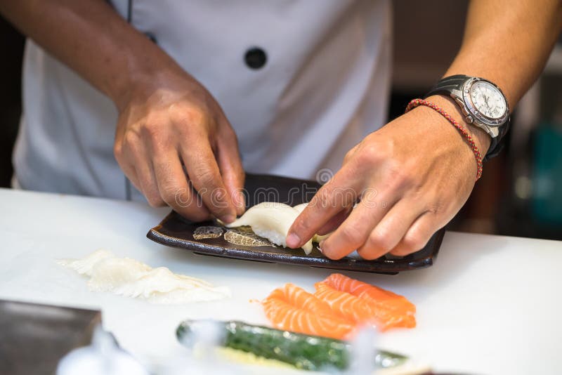 Chef Making Sushi in the Kitchen Stock Image - Image of japanese ...