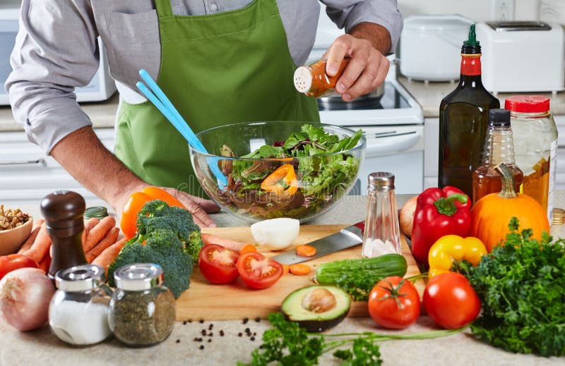 Chef Man Cooking in the Kitchen. Stock Image - Image of chef, greens ...