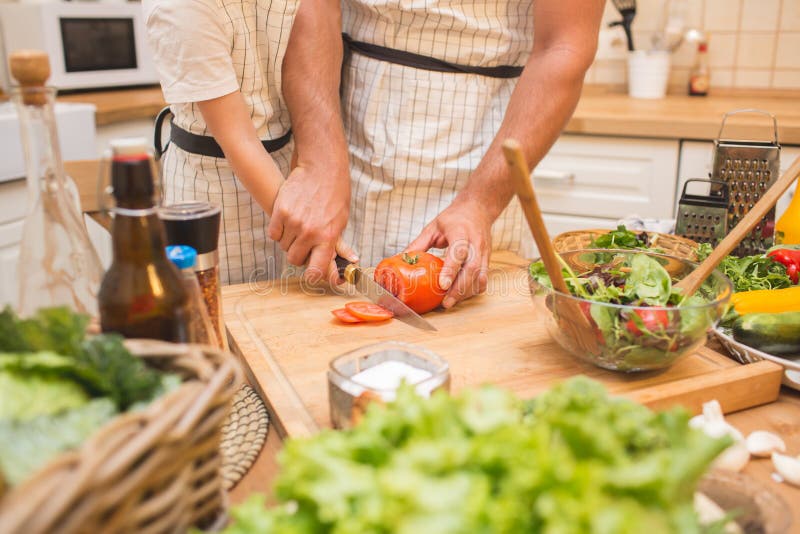 Chef Man Cooking on the Kitchen with Little Son. Stock Image - Image of ...