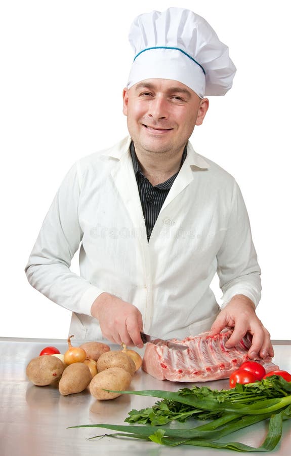Chef man cooking meat stock image. Image of holding, interior - 25579427