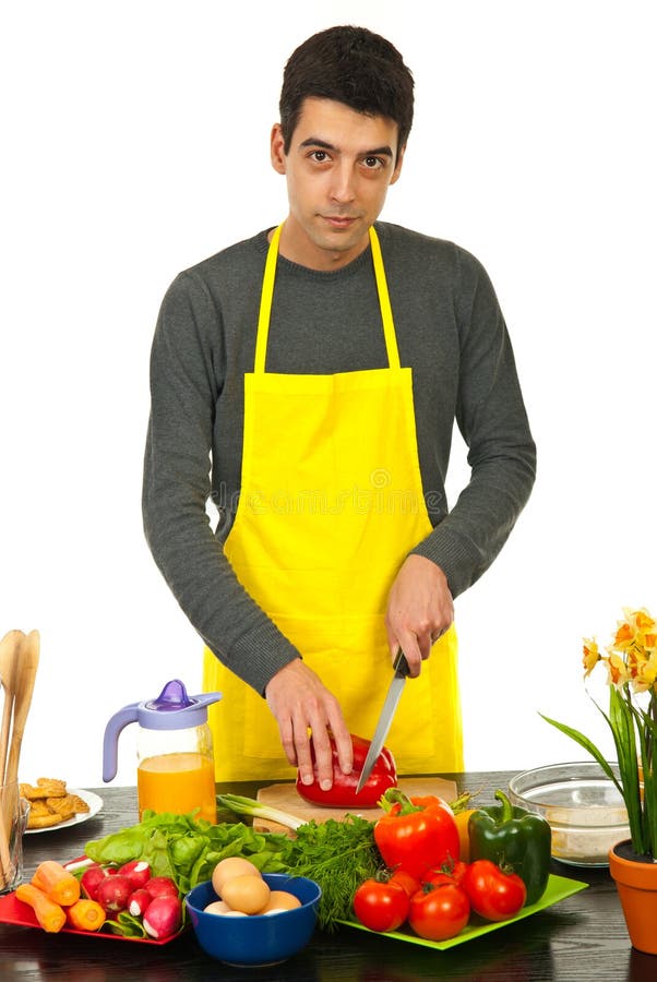 Chef Man Cutting Red Pepper Stock Photo - Image of apron, caucasian ...