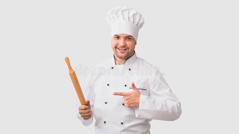 Chef Man Holding Rolling Pin Standing Over White Background, Panorama ...