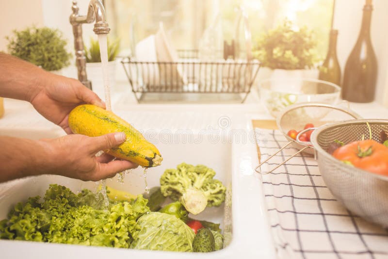 Man Washing Vegetables before Eating Stock Image - Image of housework ...